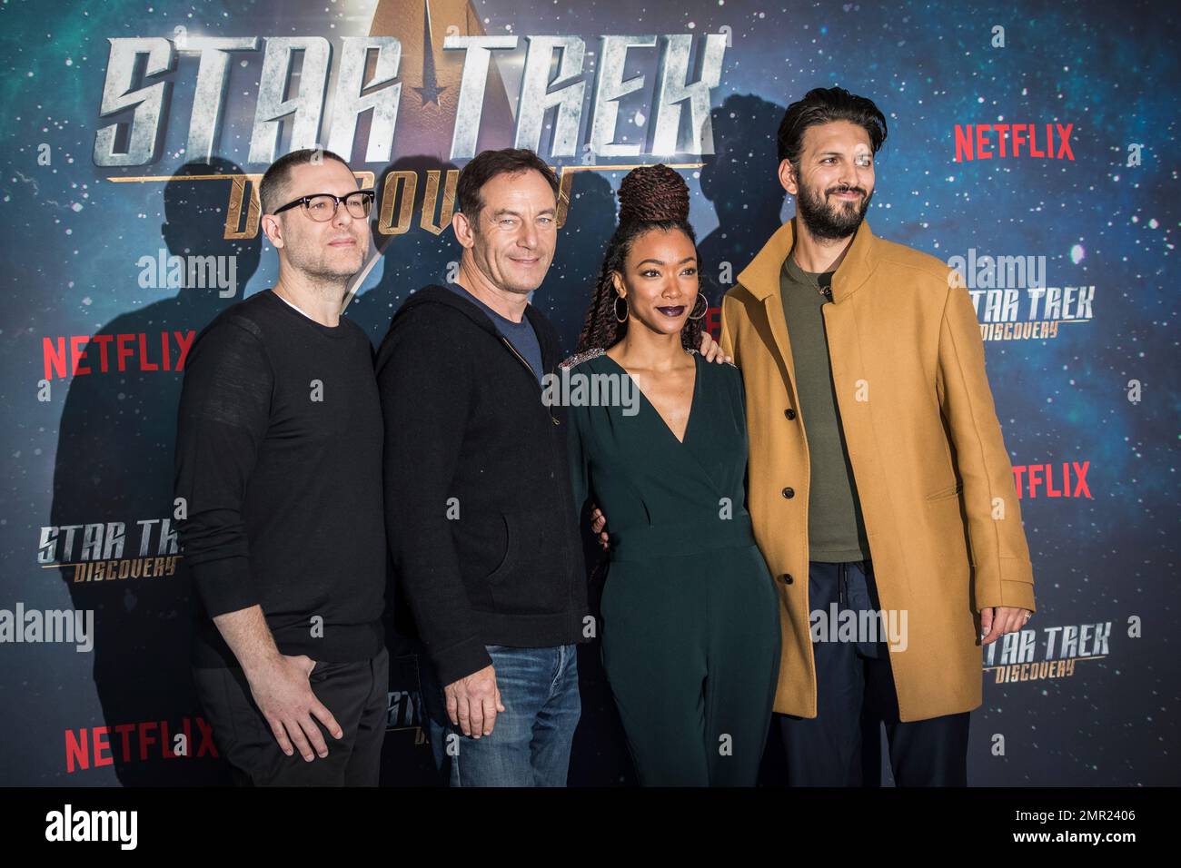 From left, producer Aaron Harberts, actors Jason Isaacs, Sonequa Martin ...