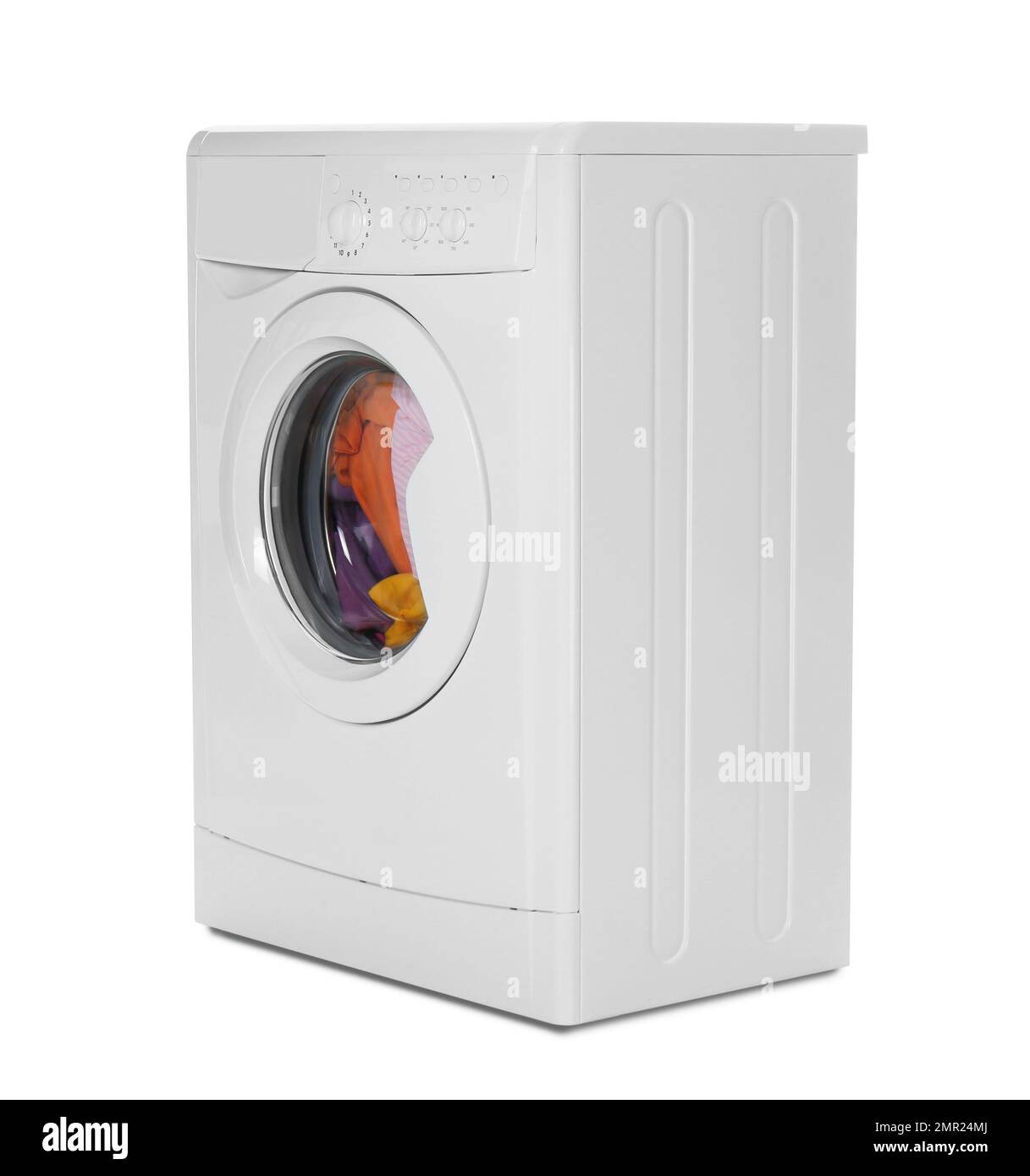 Modern washing machine with laundry isolated on white Stock Photo - Alamy