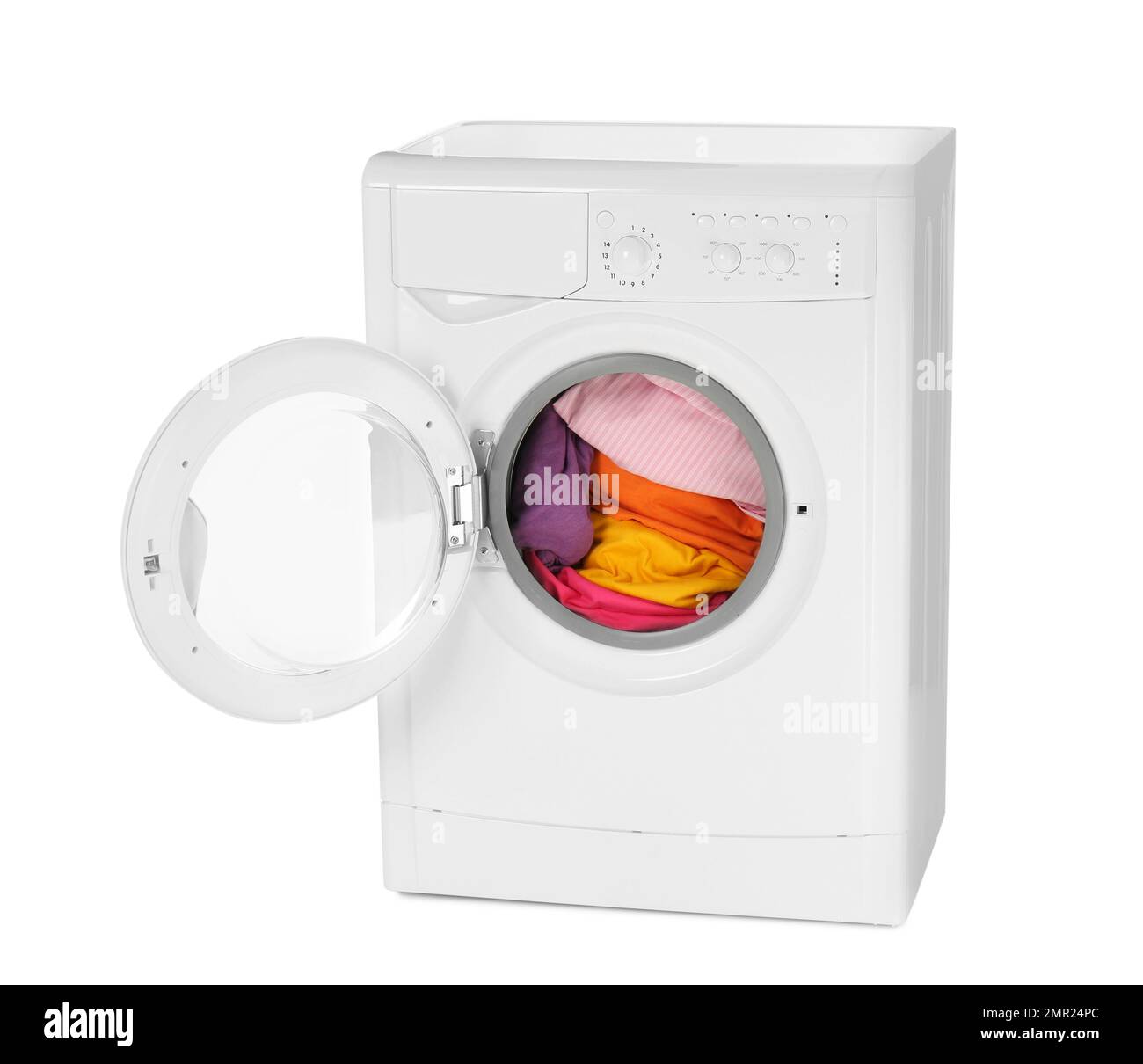 Modern washing machine with laundry isolated on white Stock Photo - Alamy