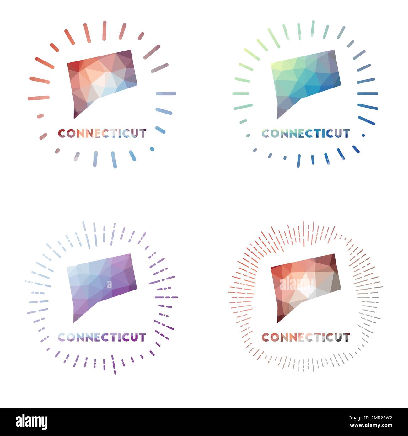 Connecticut low poly sunburst set. Logo of US state in geometric ...
