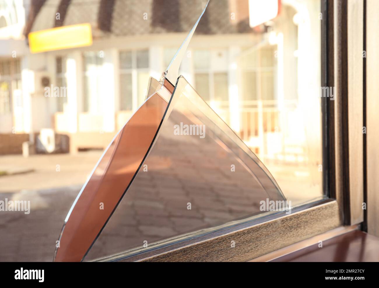 Broken window with sharp smithereens outdoors. Requiring repair Stock ...
