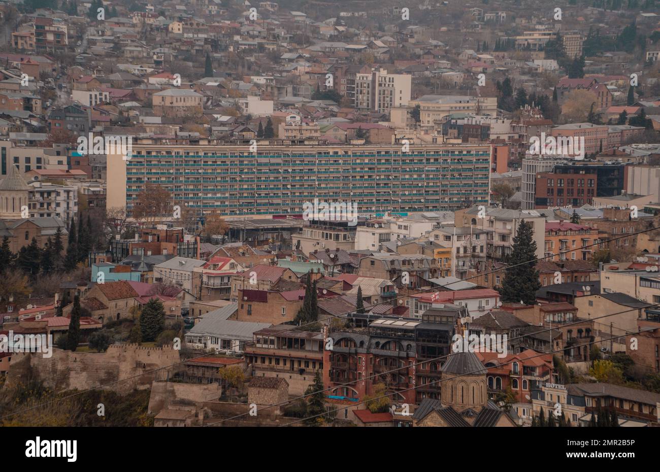 An aerial view of the Soviet apartment block in downtown Tbilisi ...