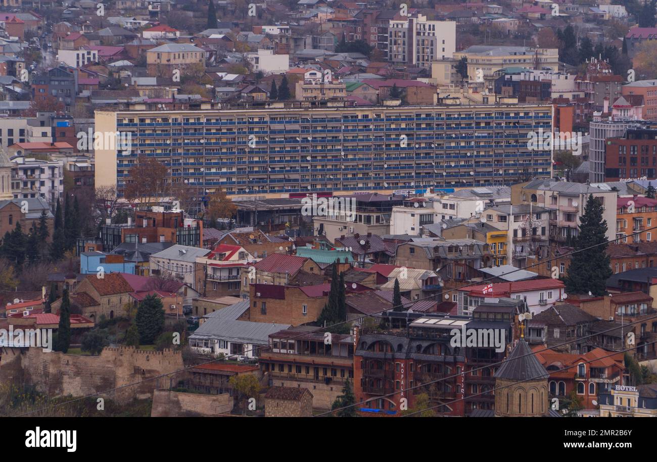 An aerial view of the Soviet apartment block in downtown Tbilisi ...