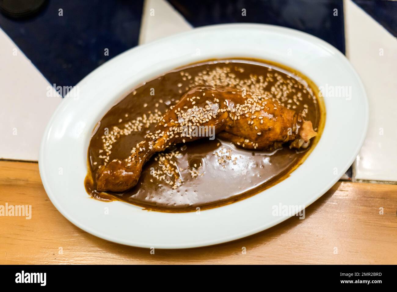 Fresh prepared chicken mole served in local restaurant in Puebla ...