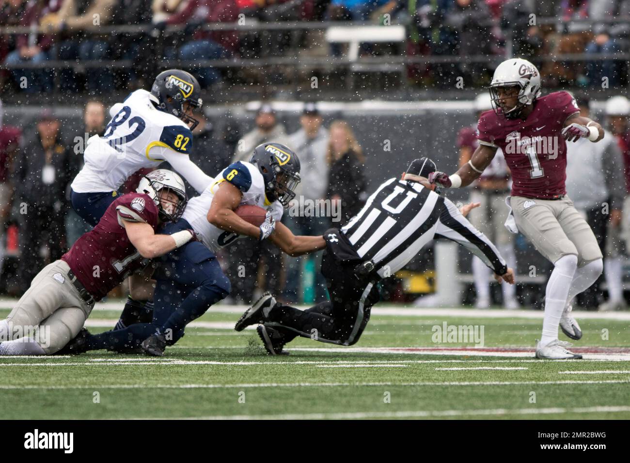 Northern Arizona running back Cory Young (6) collides with field umpire ...