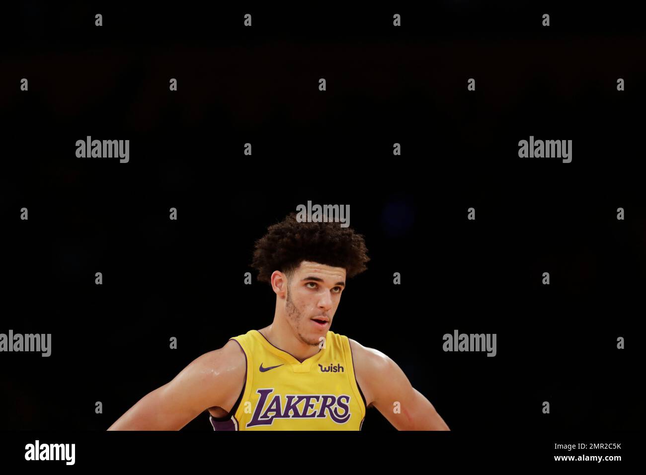 Los Angeles Lakers guard Lonzo Ball is seen during the first half of an ...