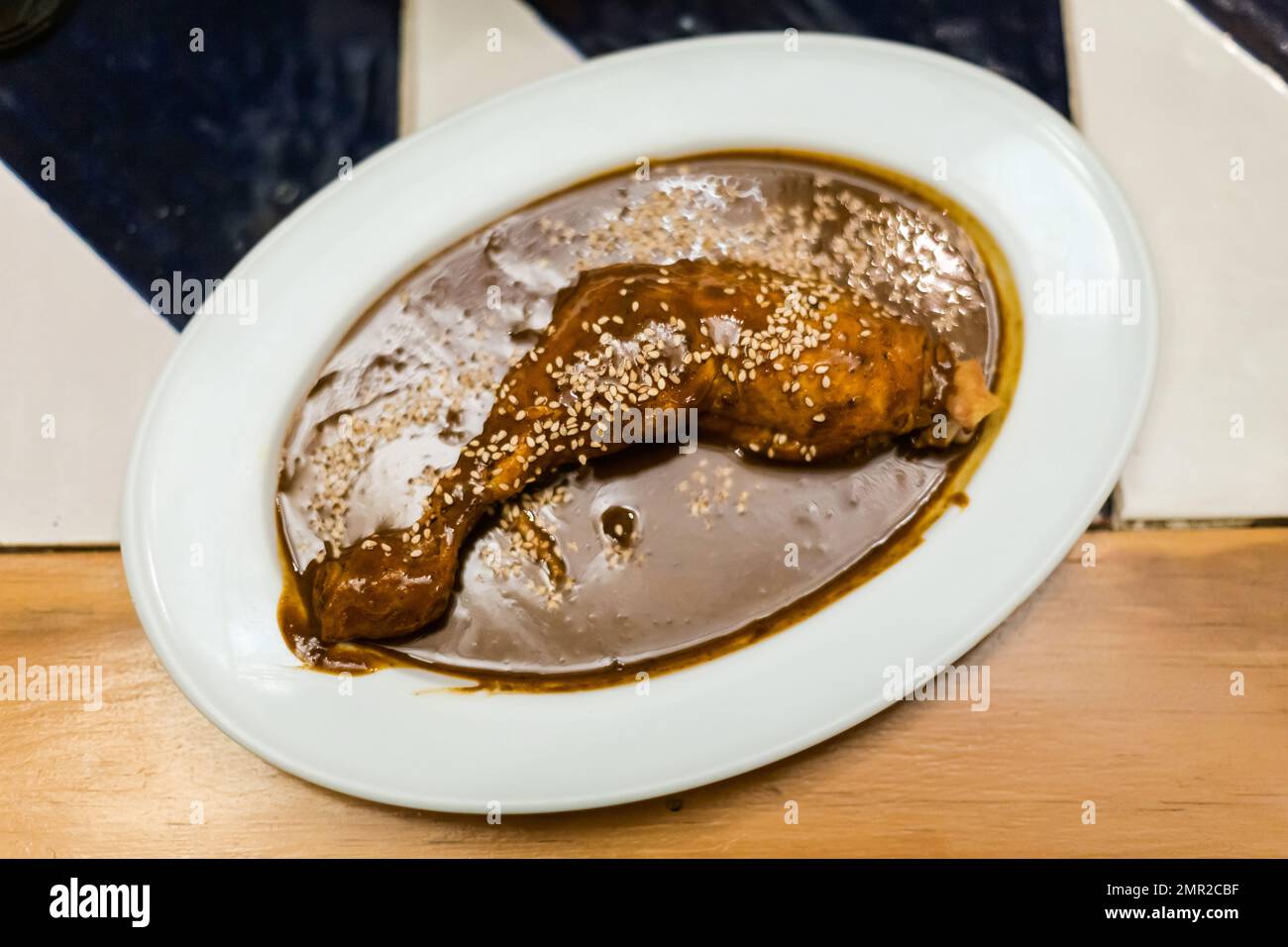 Fresh prepared chicken mole served in local restaurant in Puebla ...