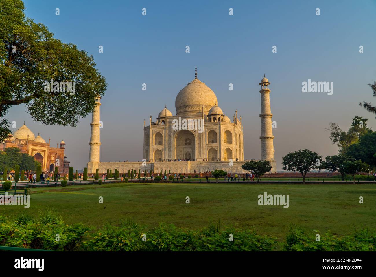 A breathtaking view of the beautiful Taj Mahal temple between the trees ...