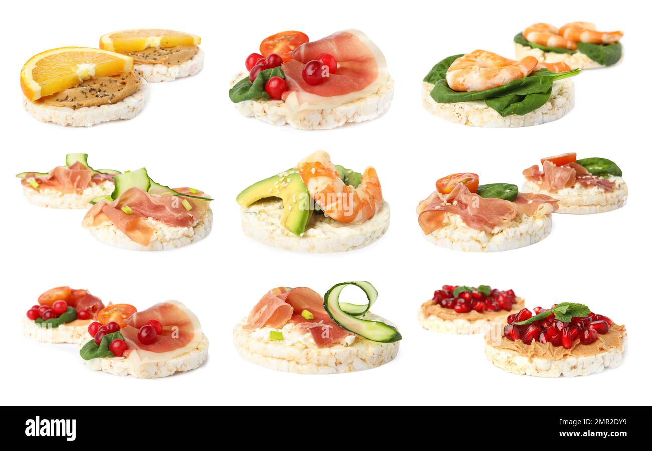 Set of puffed rice cakes with different ingredients on white background ...