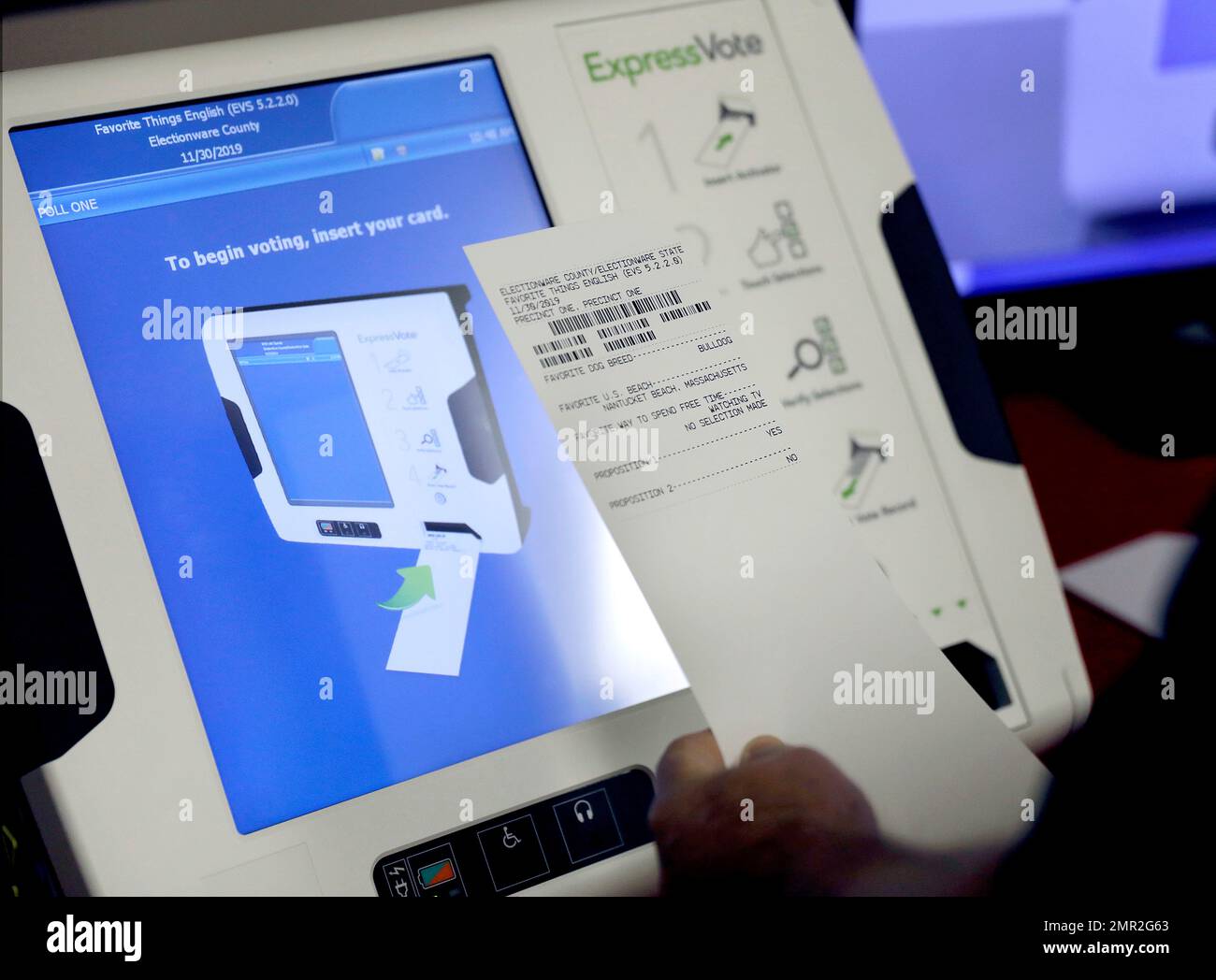 In this Thursday, Oct. 19, 2017 photo, a new voting machine which ...