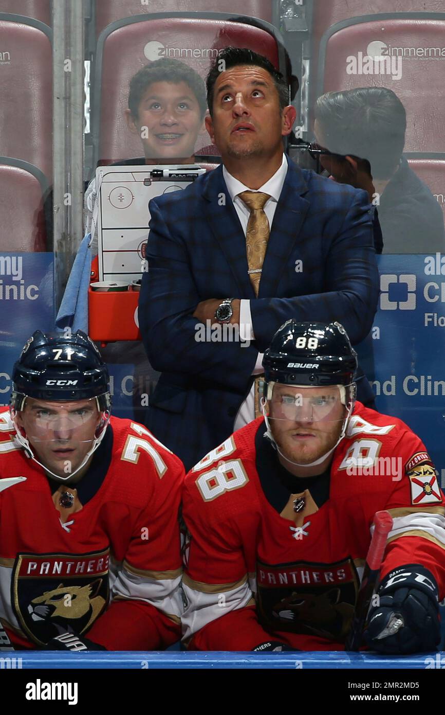 Florida Panthers Head coach Bob Boughner watches a replay during the ...