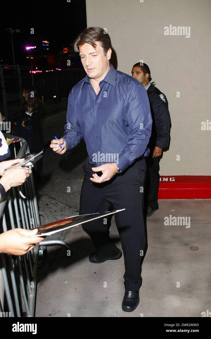 Canadian-born actor Nathan Fillion greets fans outside the Jimmy Kimmel ...