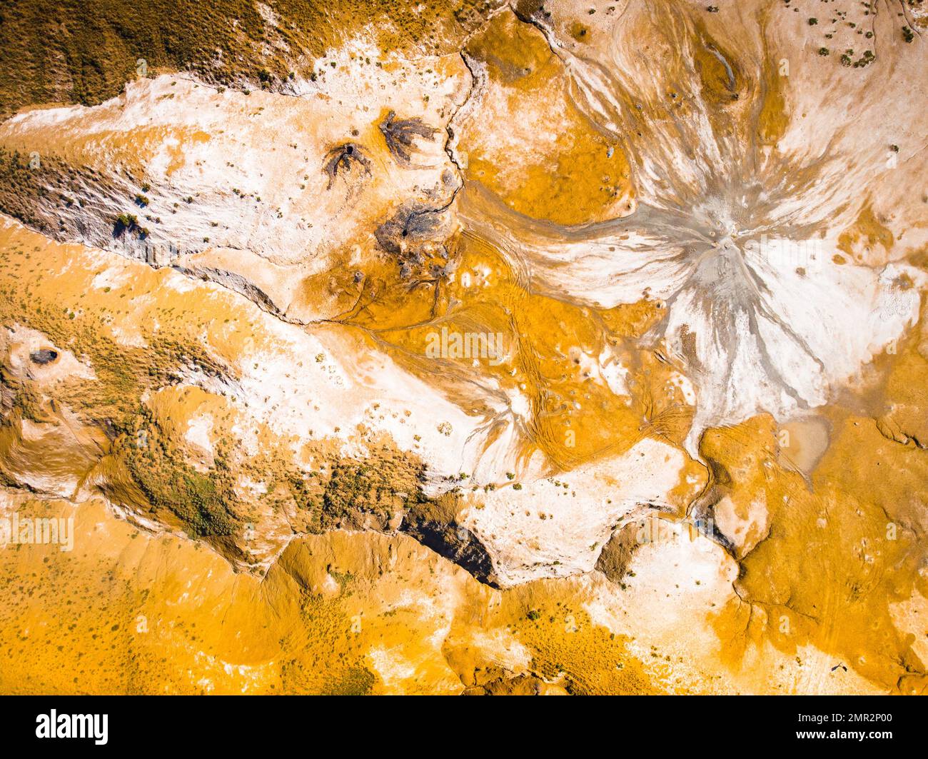 Top down aerial view scenic natural mud volcanoes formations in Chachuna nature reserve, Georgia ...