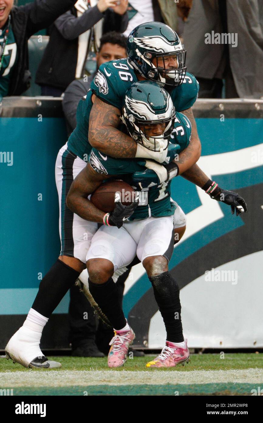 Philadelphia Eagles cornerback Jalen Mills celebrates his interception ...