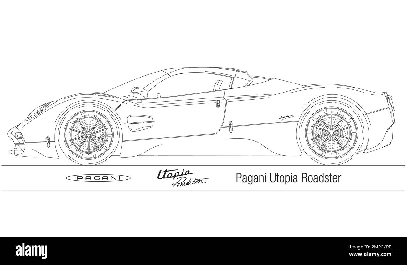 Modena, Italy, year 2023, Pagani Utopia Roadster super car silhouette ...