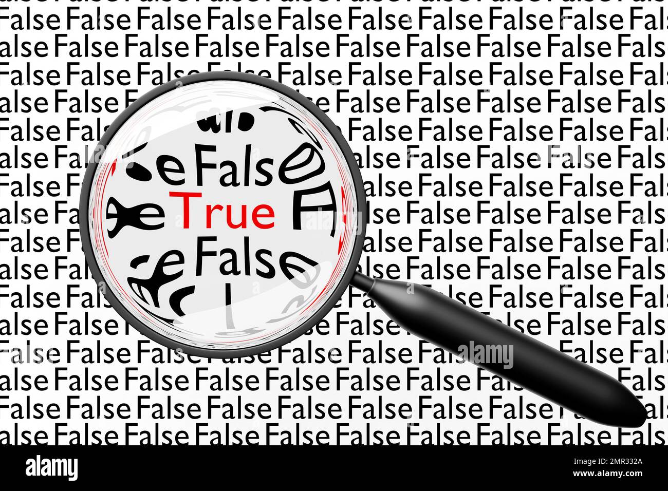 3D illustration of a magnifying glass with opposite words true and ...