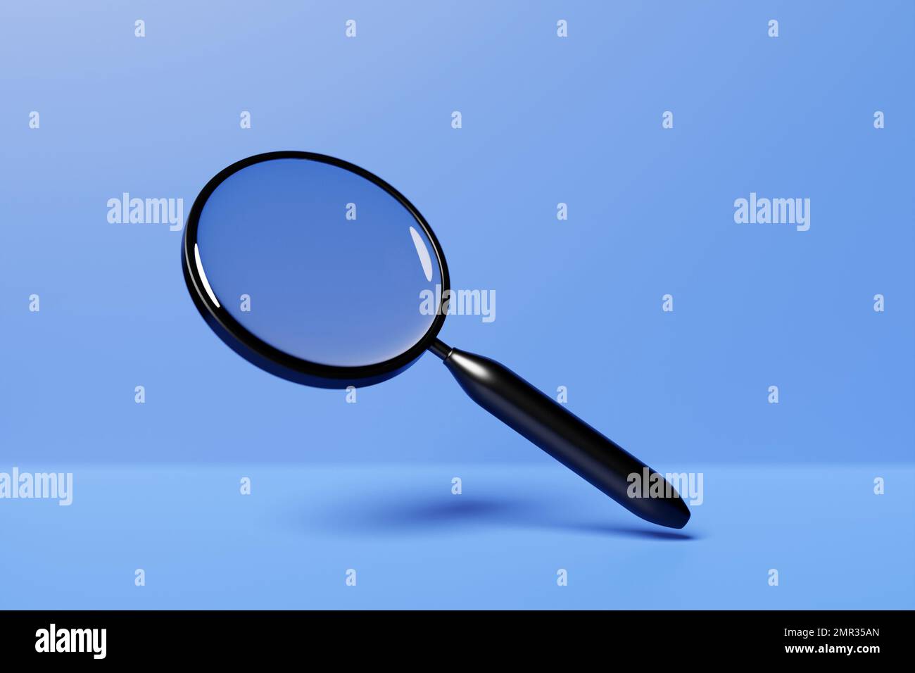 3D illustration of a magnifying glass with shadow on blue isolated ...