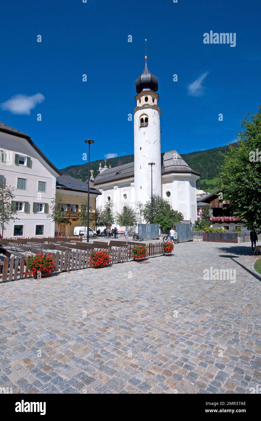 San Michael parish church with cylindrical bell tower in San Candido ...