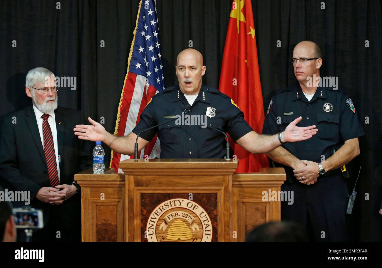 Salt Lake City Police Chief Mike Brown, center, speaks to reporters as ...