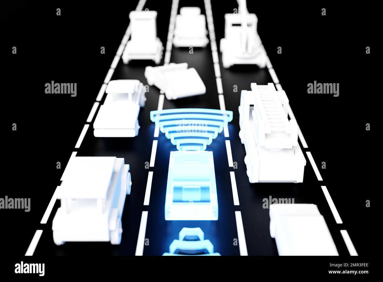 3d illustration car with safe distance with auto flow. The concept of a ...
