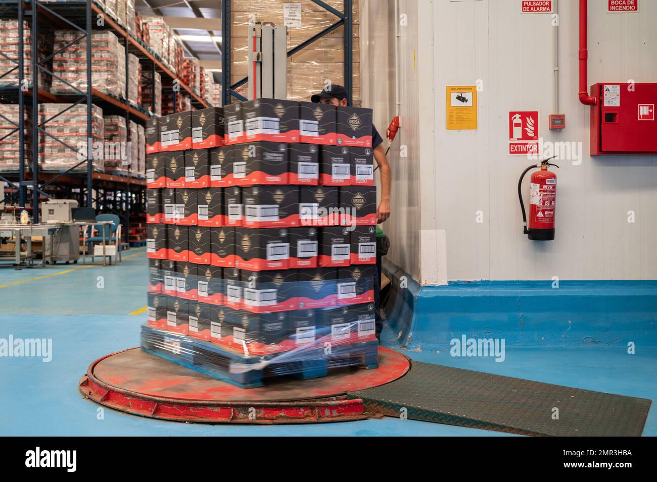 Wrapping boxes of canned fish at Fish canning factory (USISA), Isla ...