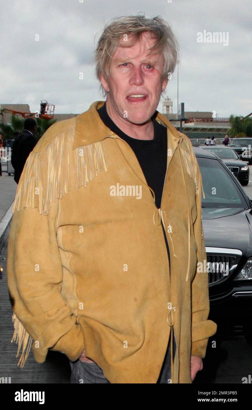 Looking a bit rough around the edges, actor Gary Busey waves to cameras ...