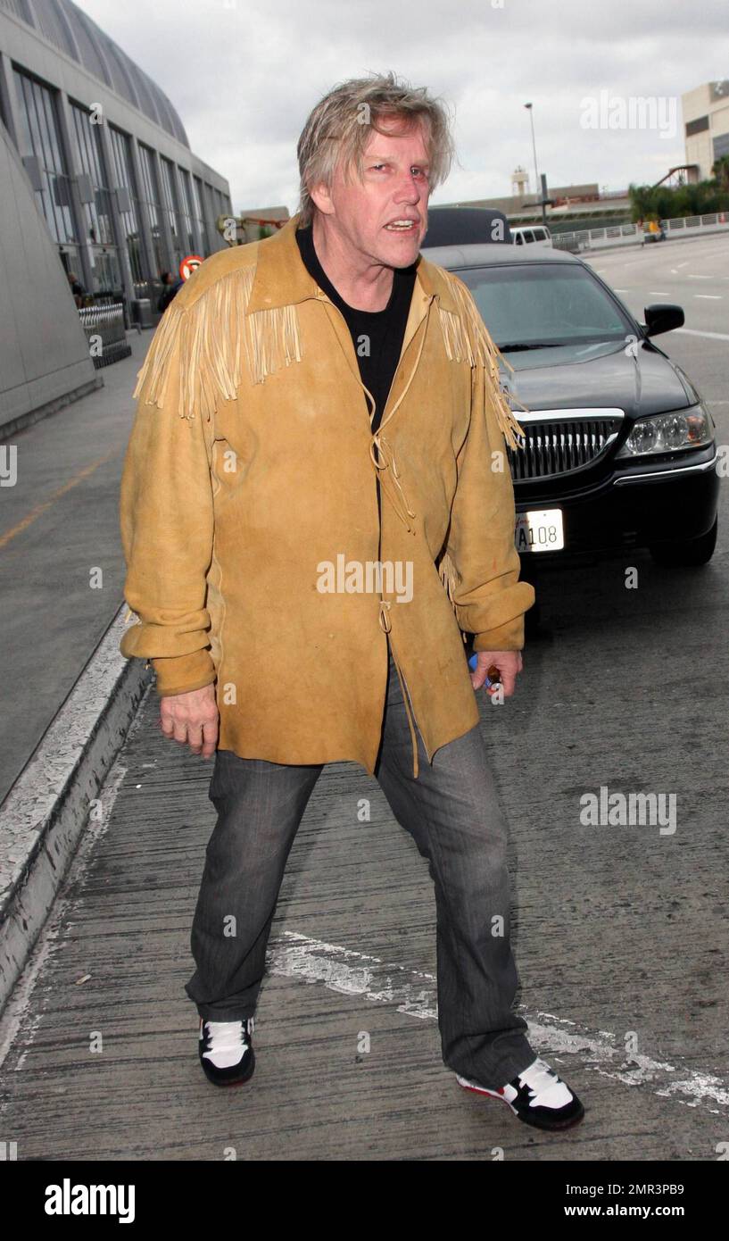 Looking a bit rough around the edges, actor Gary Busey waves to cameras ...