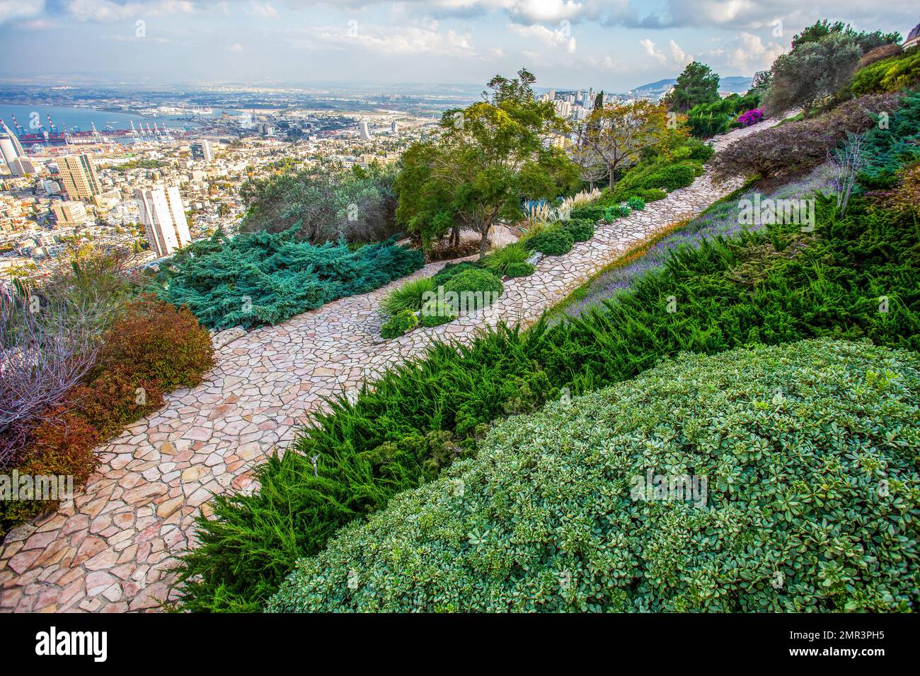 An idyllic view of the Bahai Gardens, Haifa city and the port on the ...