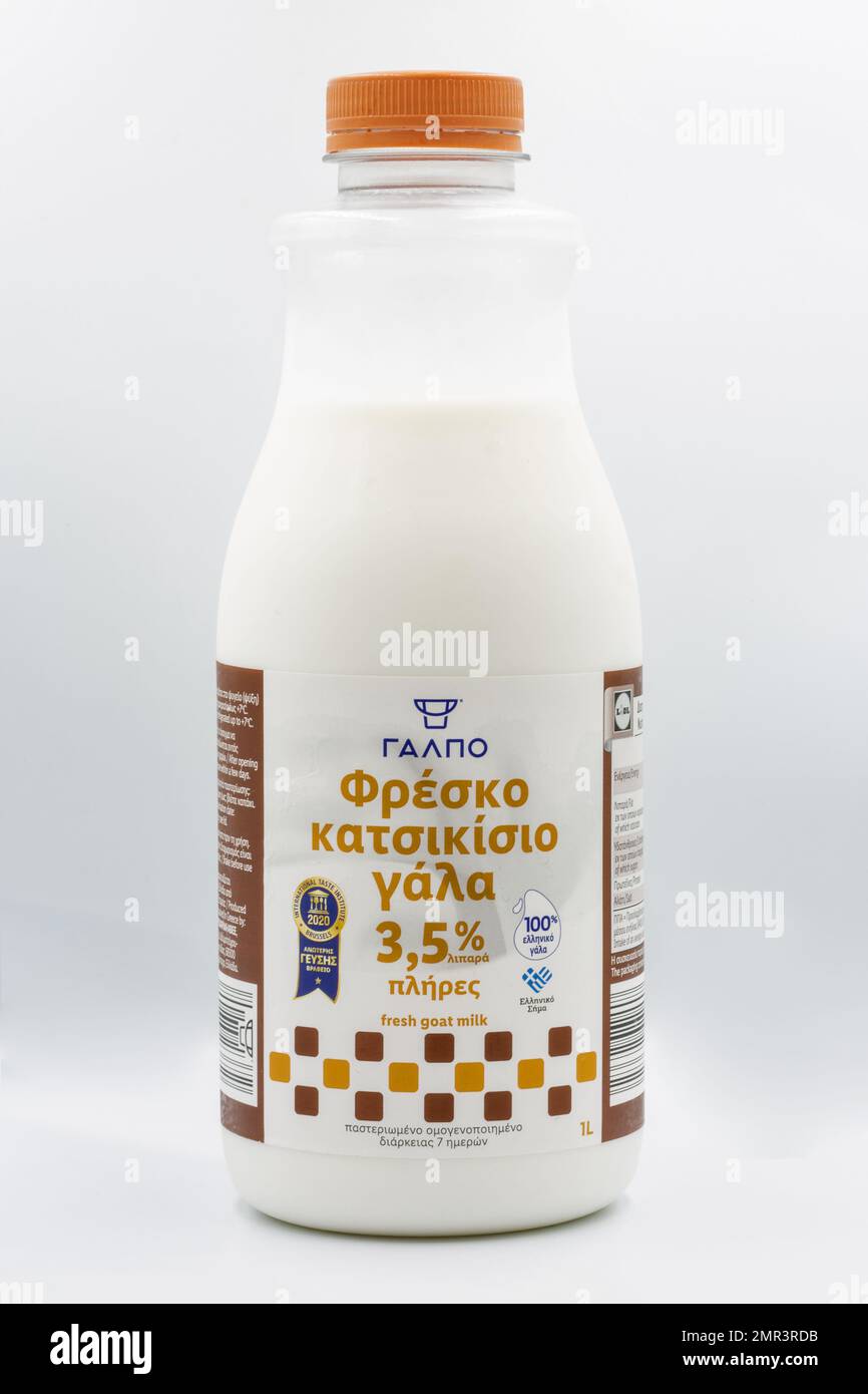 Corfu, Greece - August 05, 2021: Studio shoot of Greek fresh goat milk ...