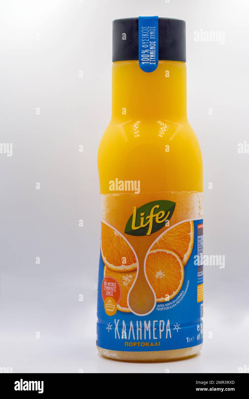 Larnaca, Cyprus - August 05, 2021: Studio shoot of Life Kalimera orange ...