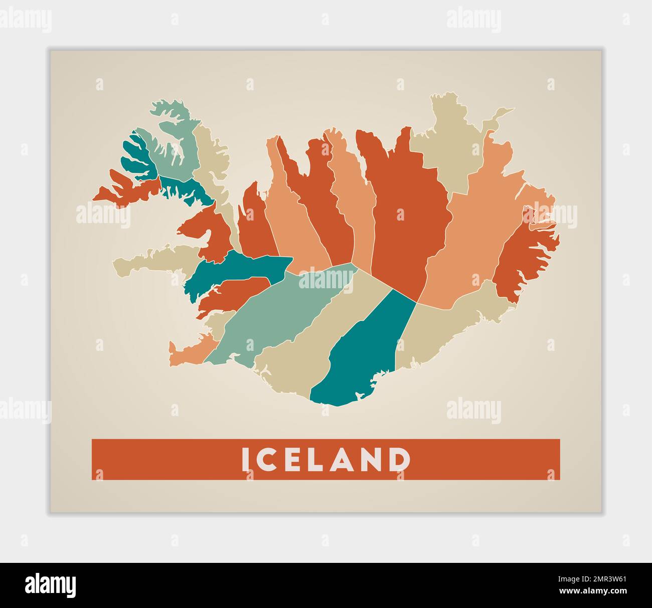 Iceland poster. Map of the country with colorful regions. Shape of ...