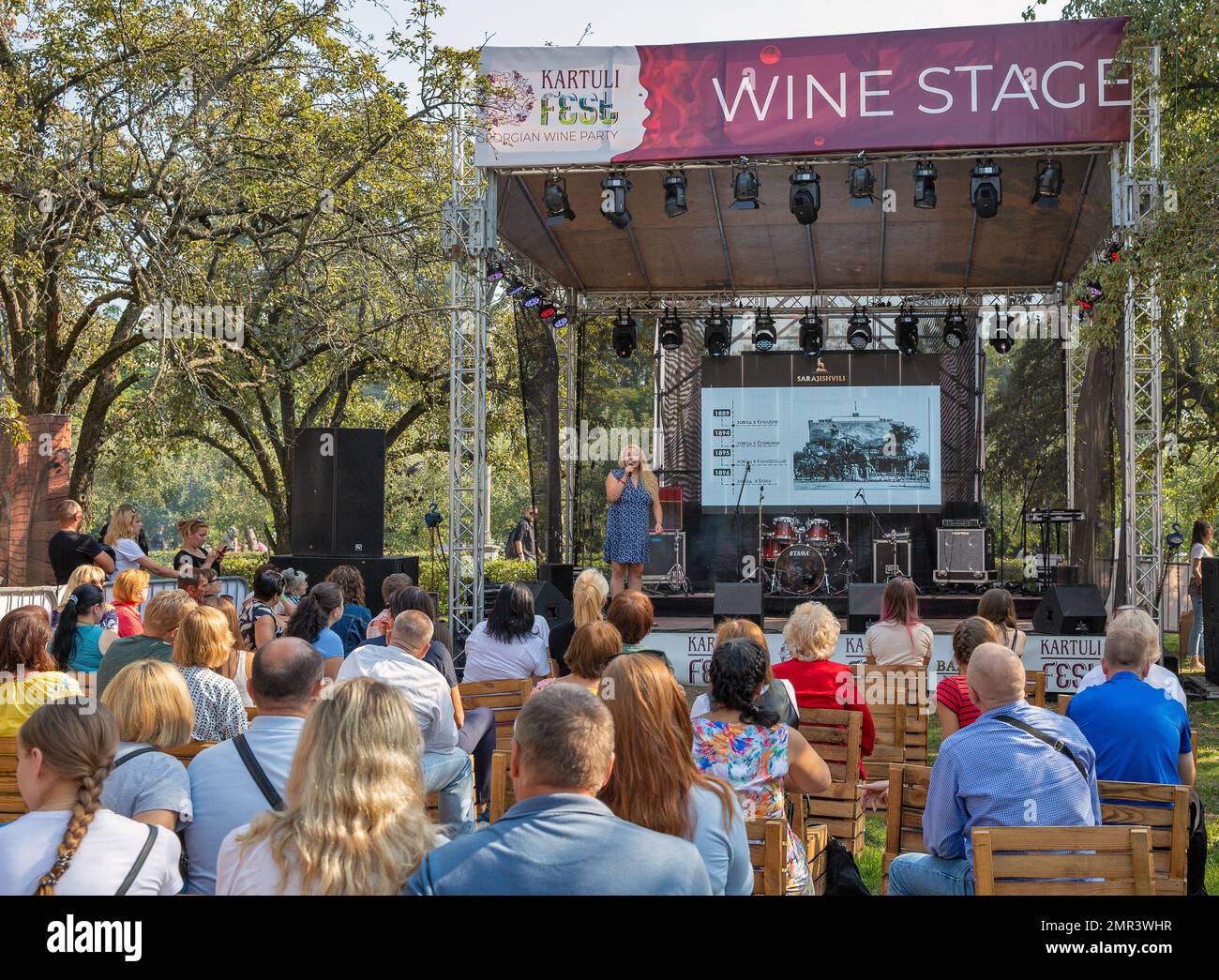 Kyiv, Ukraine - September 11, 2021: People visit Wine Stage at Kartuli Fest Georgian Wine Party ...
