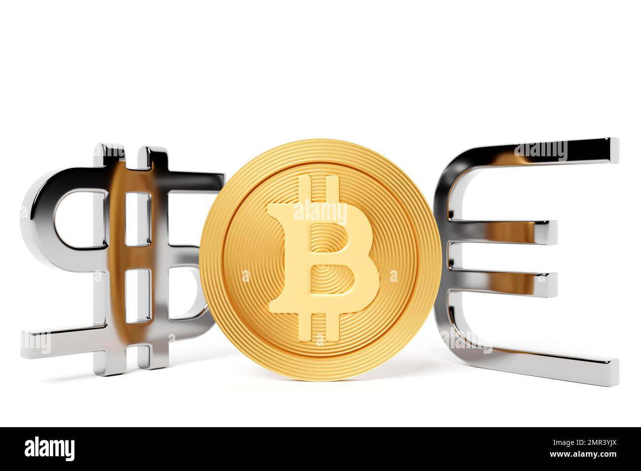 3d illustration of gold euro, bitcoin and silver dollar money icons on ...