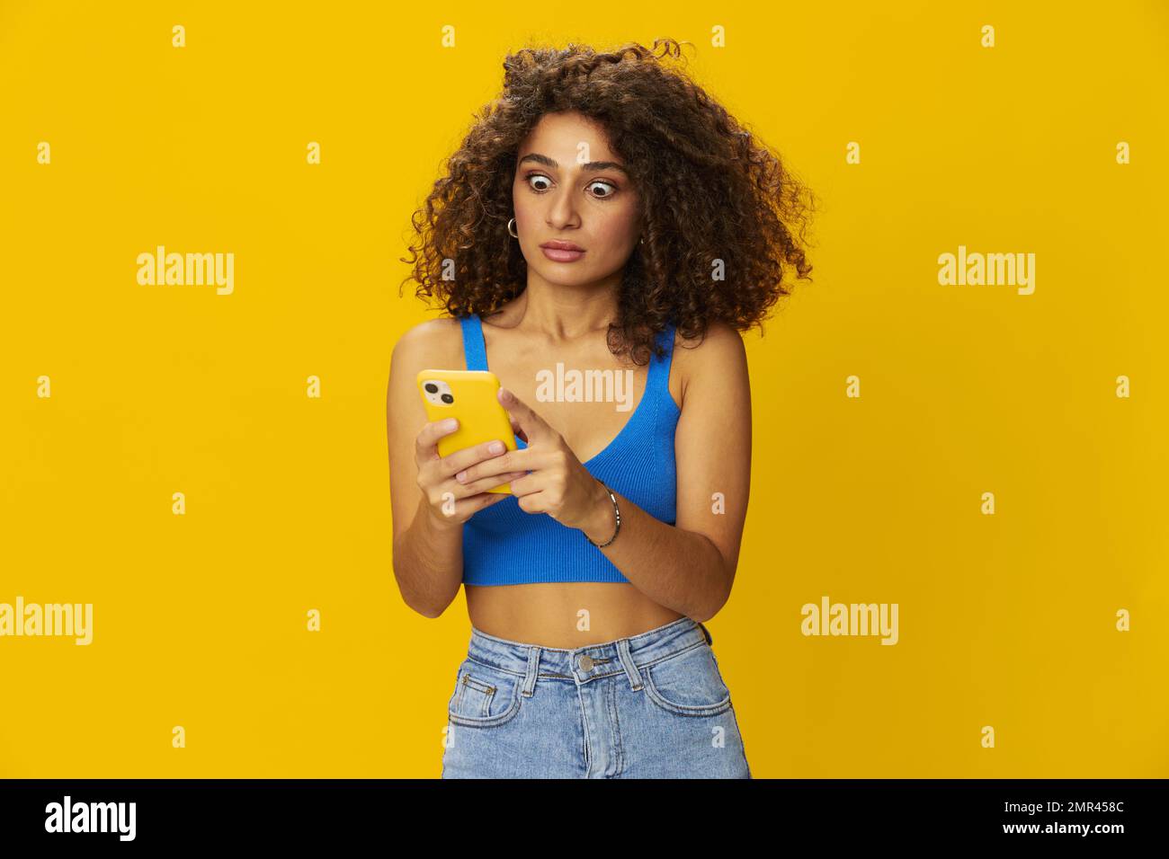 Influencer woman with phone in hand taking selfies talking on video ...