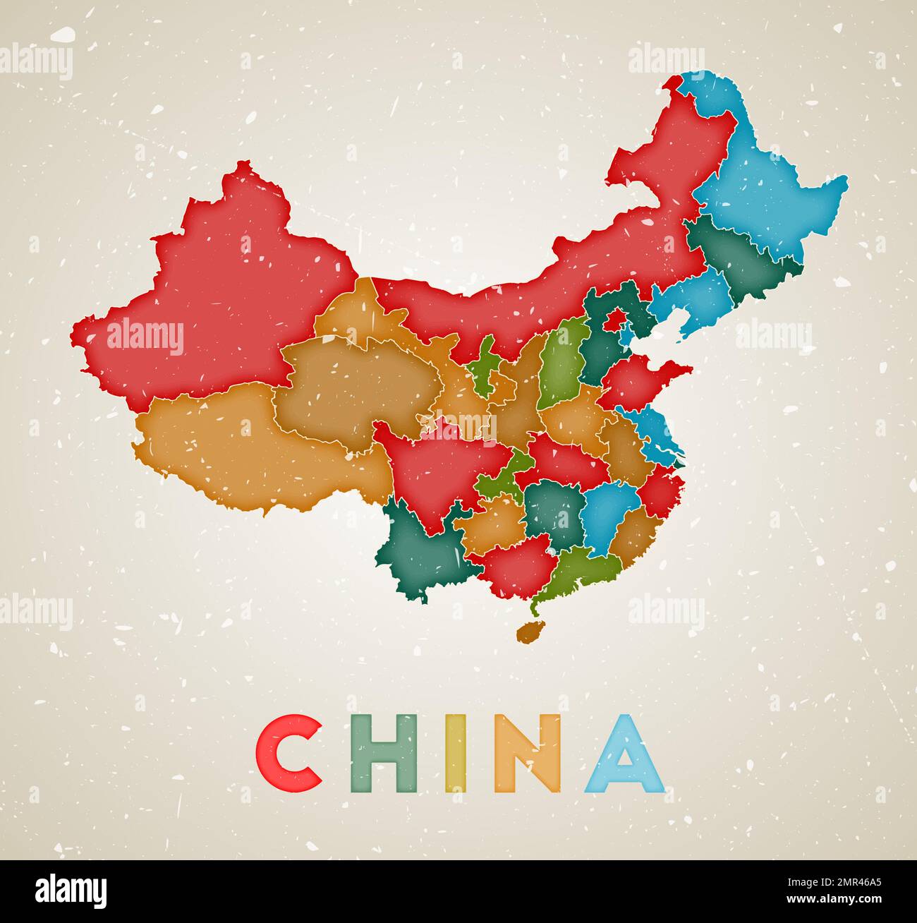 China map. Country poster with colored regions. Old grunge texture ...