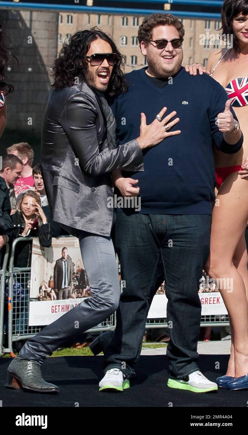 Bad boy comedian Russell Brand and actor Jonah Hill attend a photo call ...