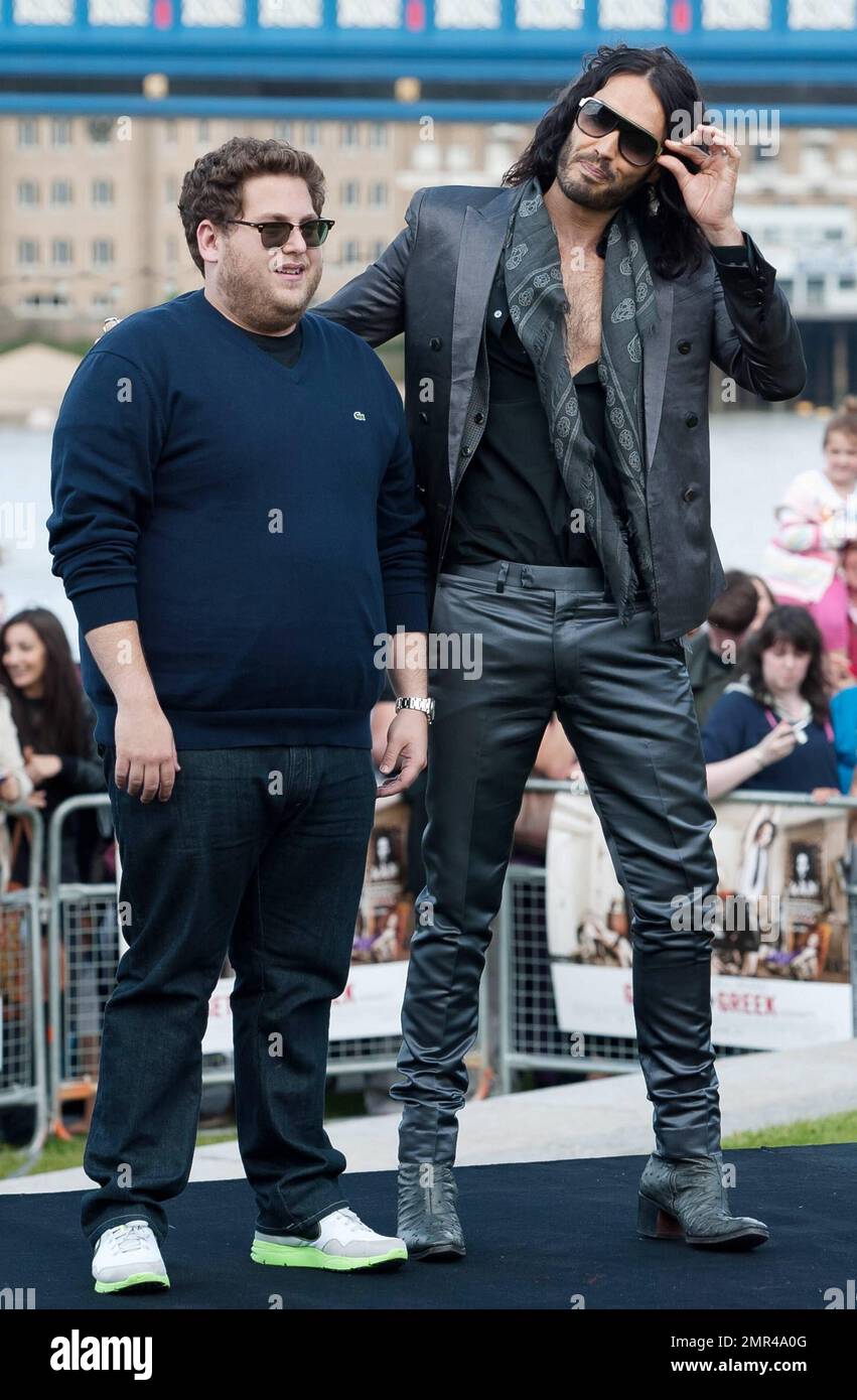 Bad boy comedian Russell Brand and actor Jonah Hill attend a photo call ...