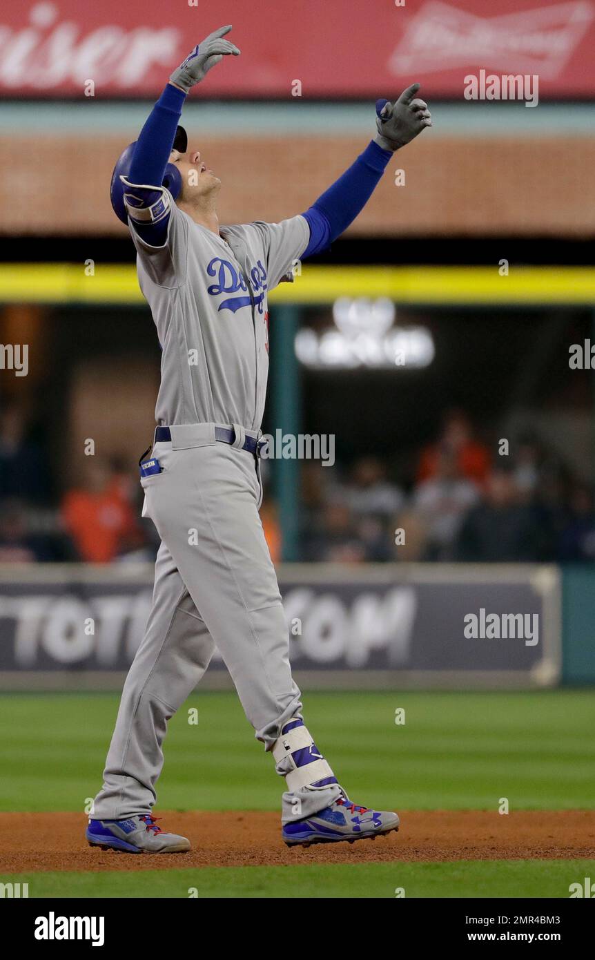 Los Angeles Dodgers' Cody Bellinger celebrates after a double during ...
