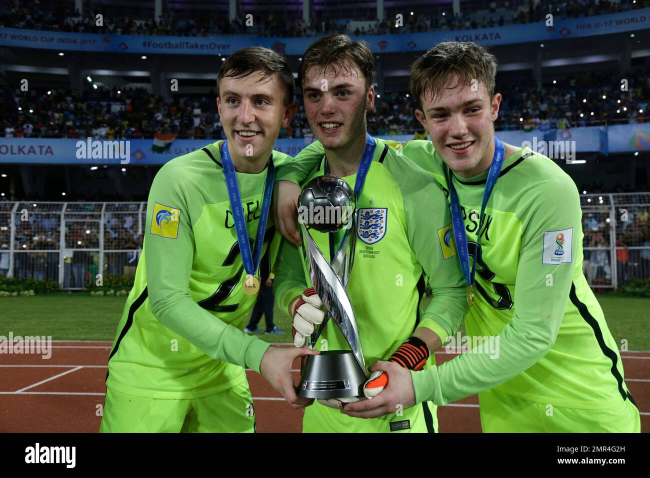 England goalkeeper Curtis Anderson, center, flanked by Josef Bursik ...