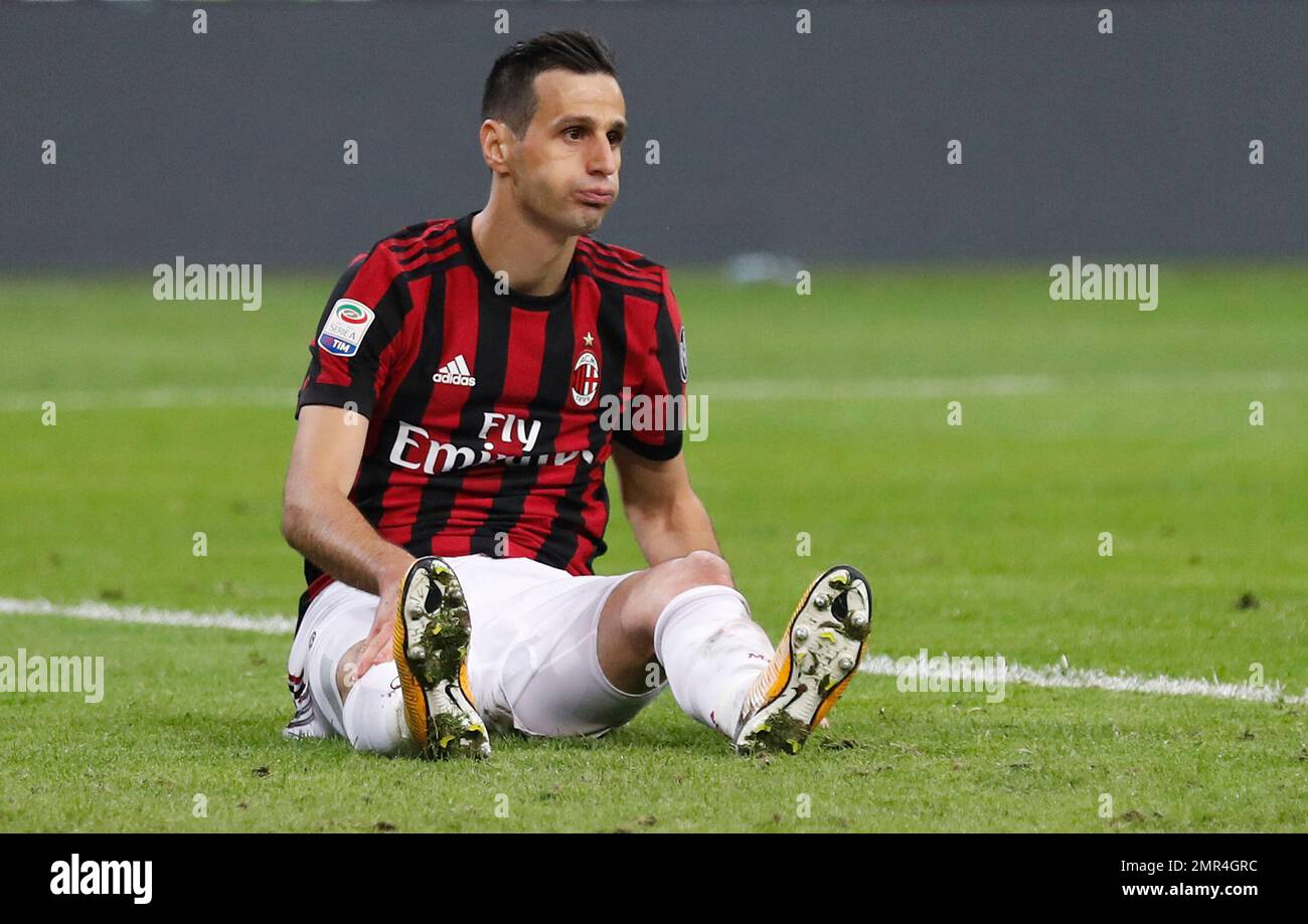 AC Milan's Nikola Kalinic, reacts after missing a chance on goal during ...