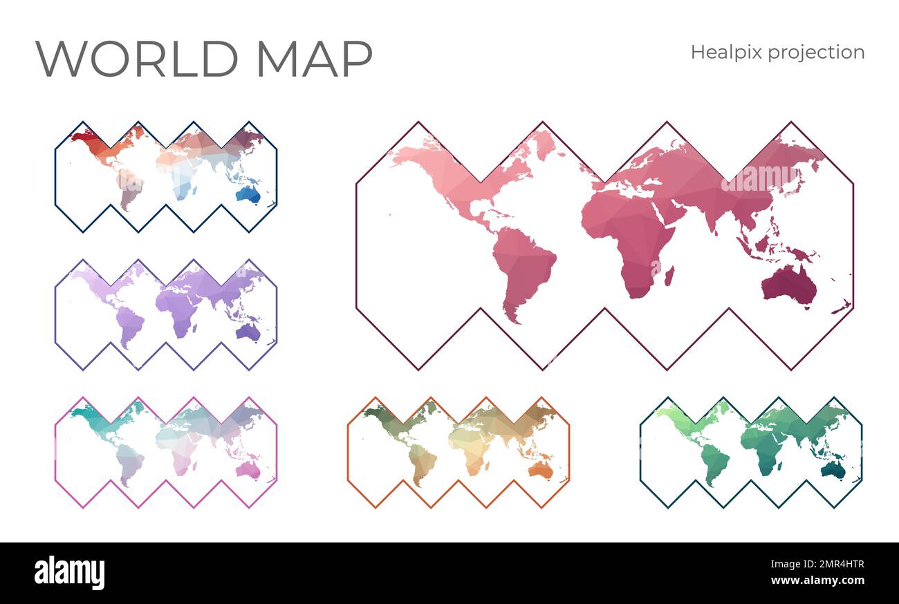 Low Poly World Map Set. HEALPix projection. Collection of the world ...