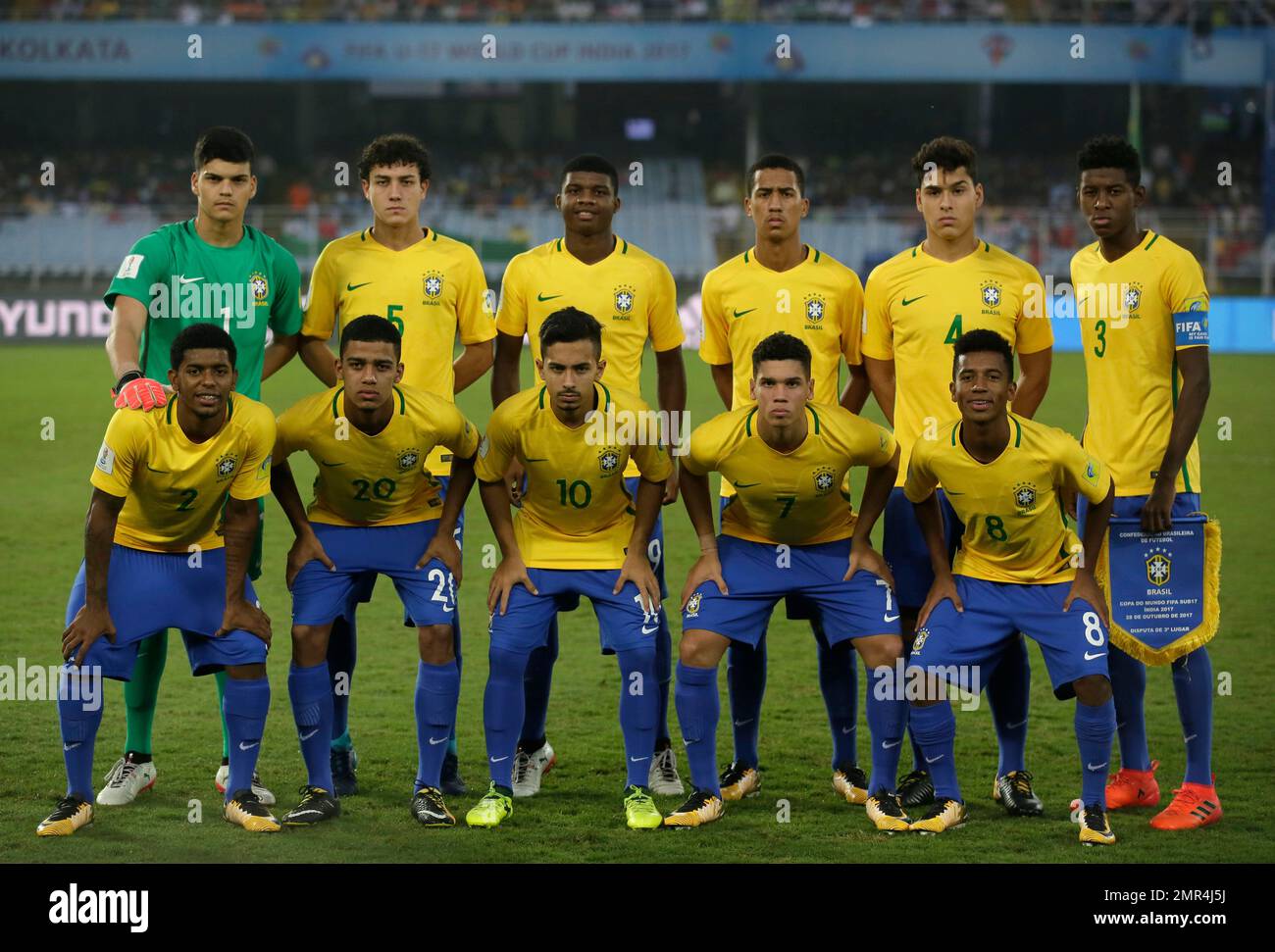 Brazil's soccer players pose for a group photograph before the start of ...