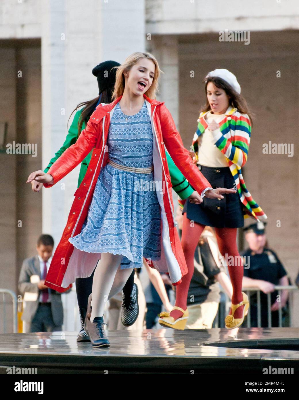 Dianna Agron and Lea Michele are seen filming on the set of the musical ...
