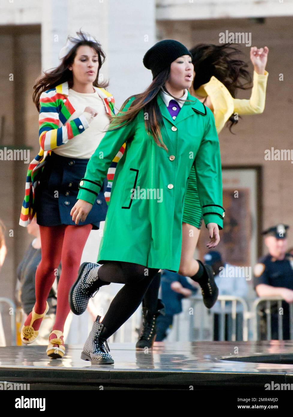 Lea Michele and Jenna Ushkowitz seen filming on the set of the musical ...