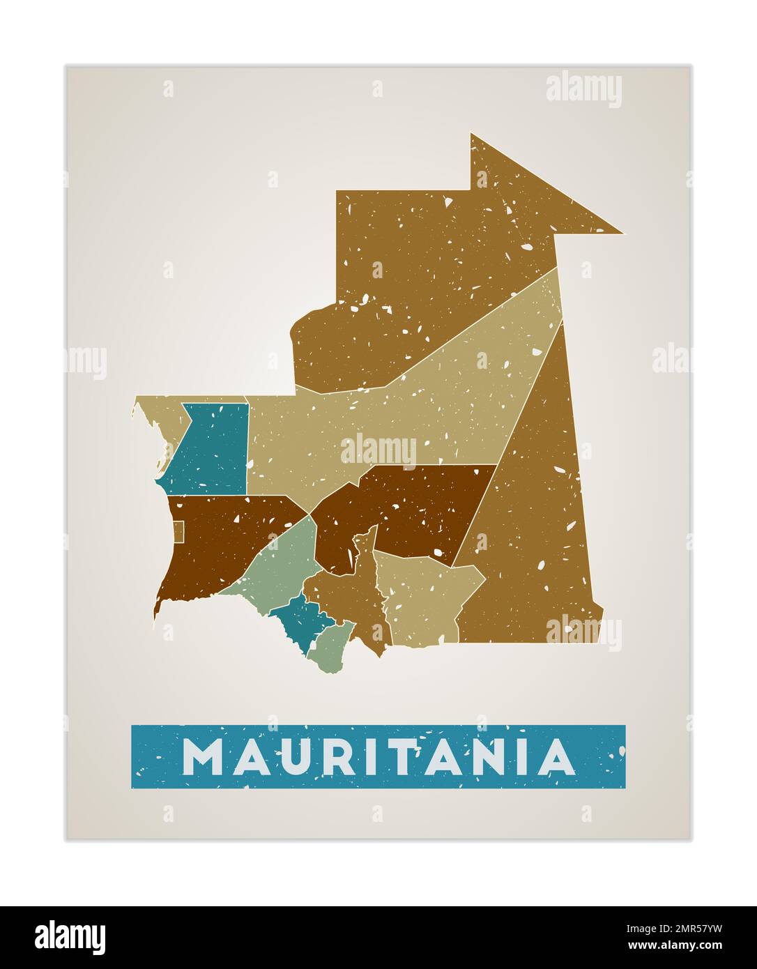 Mauritania map. Country poster with regions. Old grunge texture. Shape ...