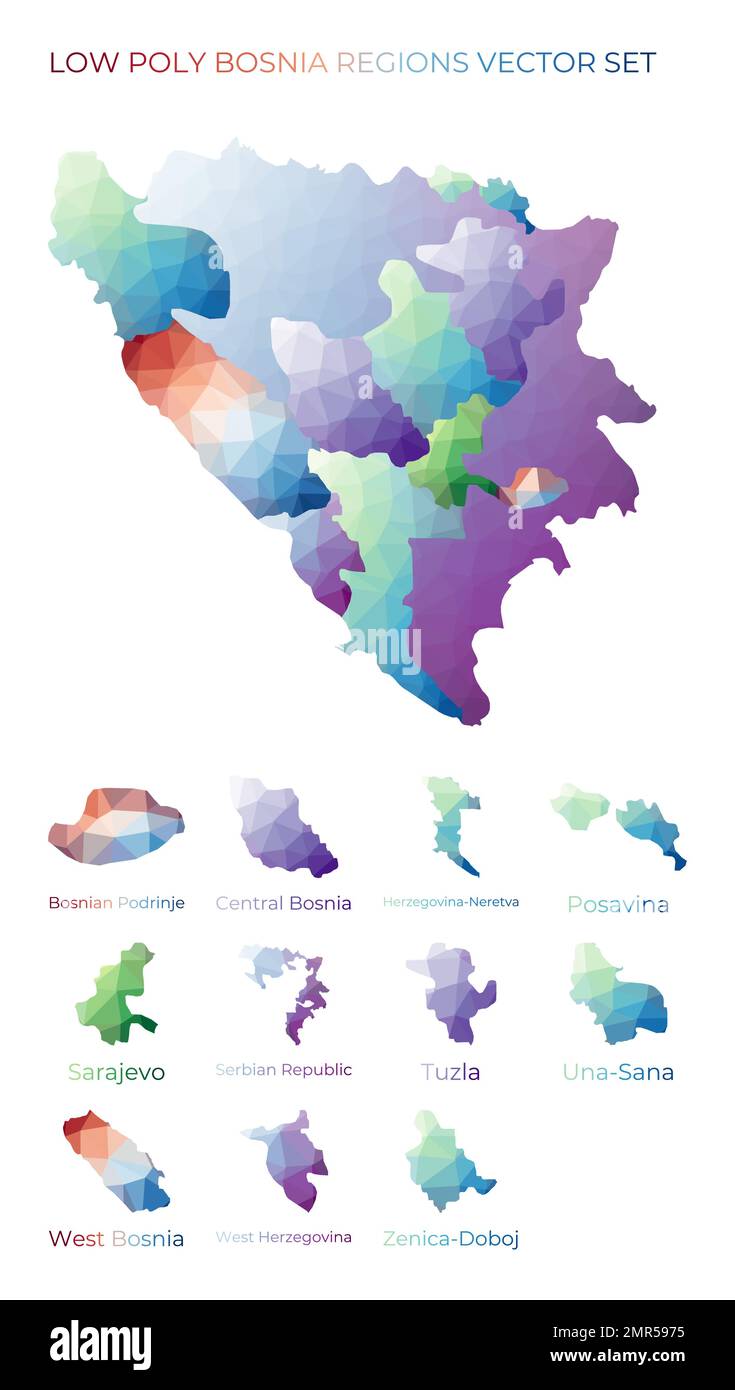 Bosnian, Herzegovinian low poly regions. Polygonal map of Bosnia with ...