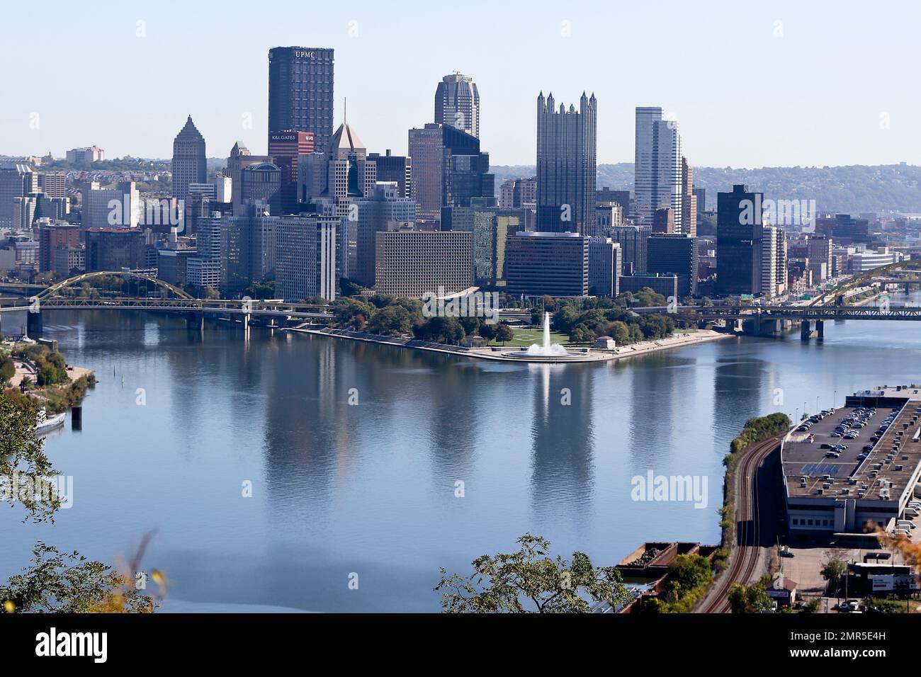 The skyline of downtown Pittsburgh, known as the Golden Triangle, is ...