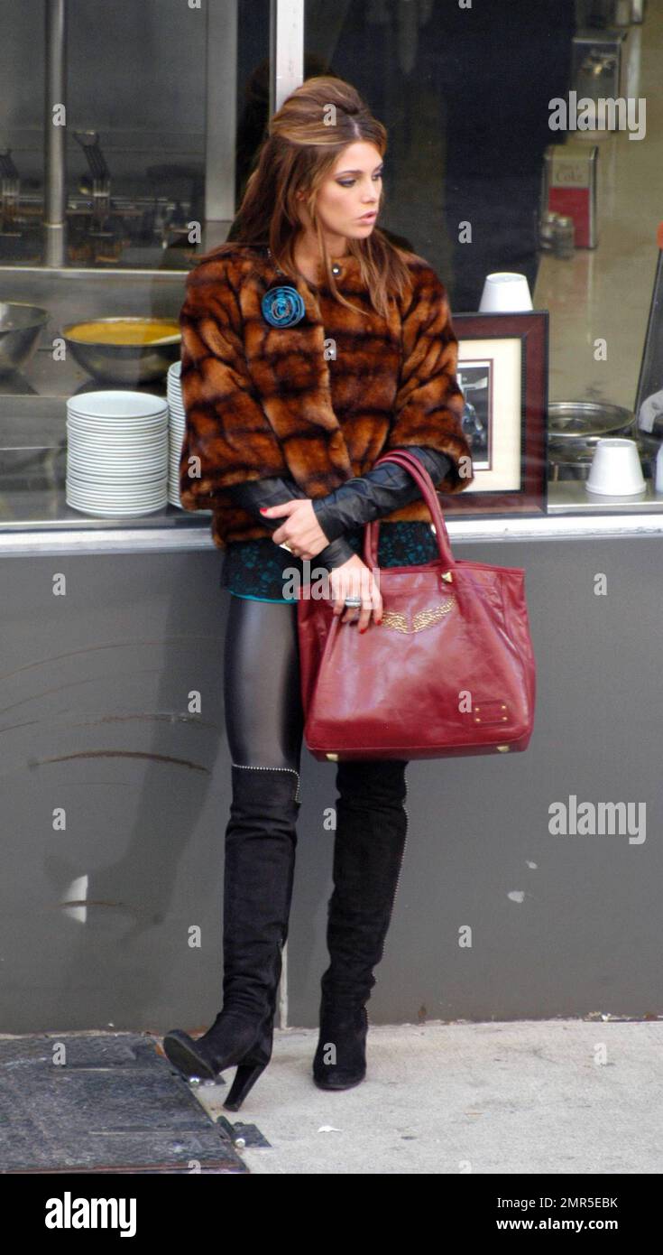 EXCLUSIVE!! Ashley Greene dons thigh high suede boots and a fur coat ...