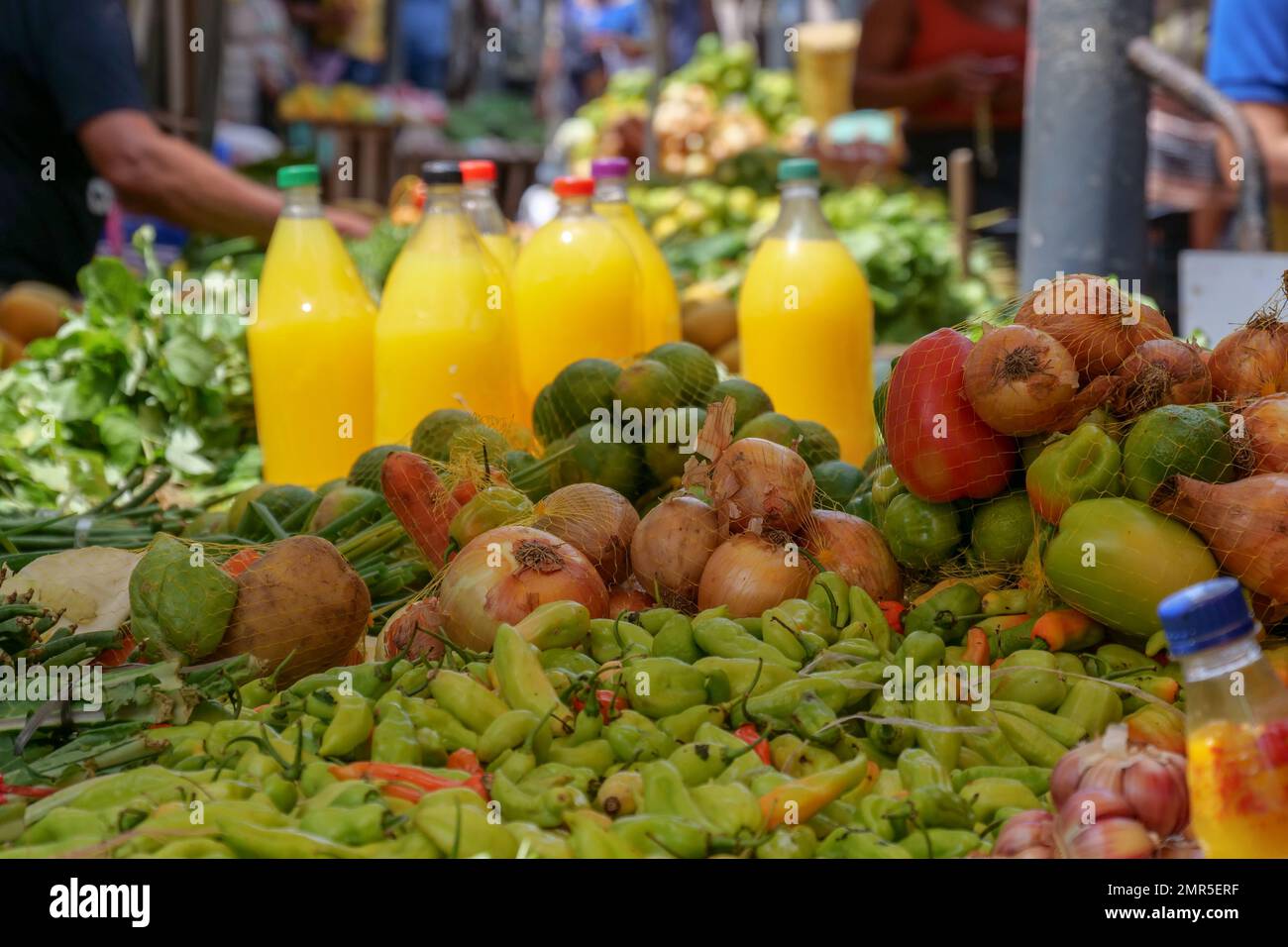 Close up of green fruits and vegetables at a fruit stall at Mercado Ver ...