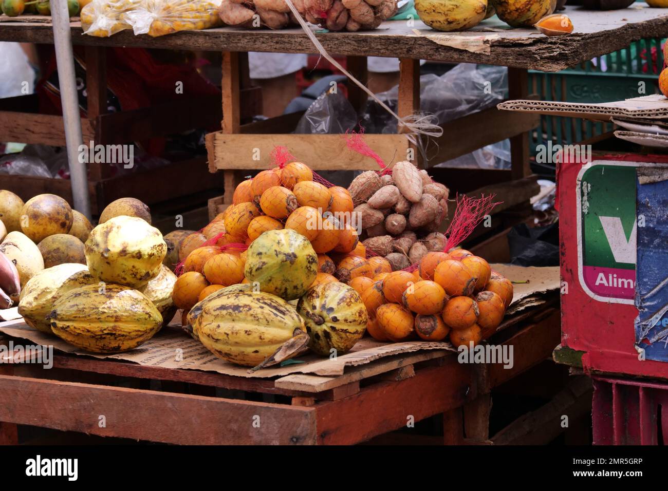 Close up of fruits and vegetables at a fruit stall at Mercado Ver o ...